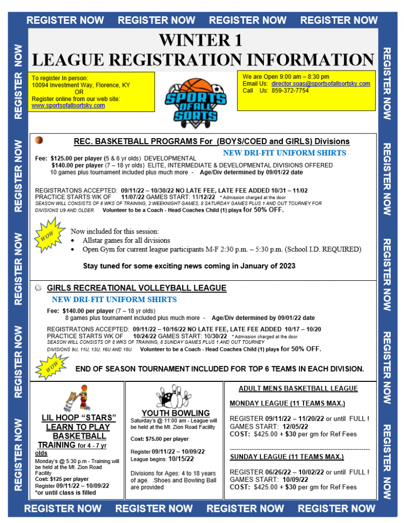 Our Next League Registration Information | Sports of all Sorts KY